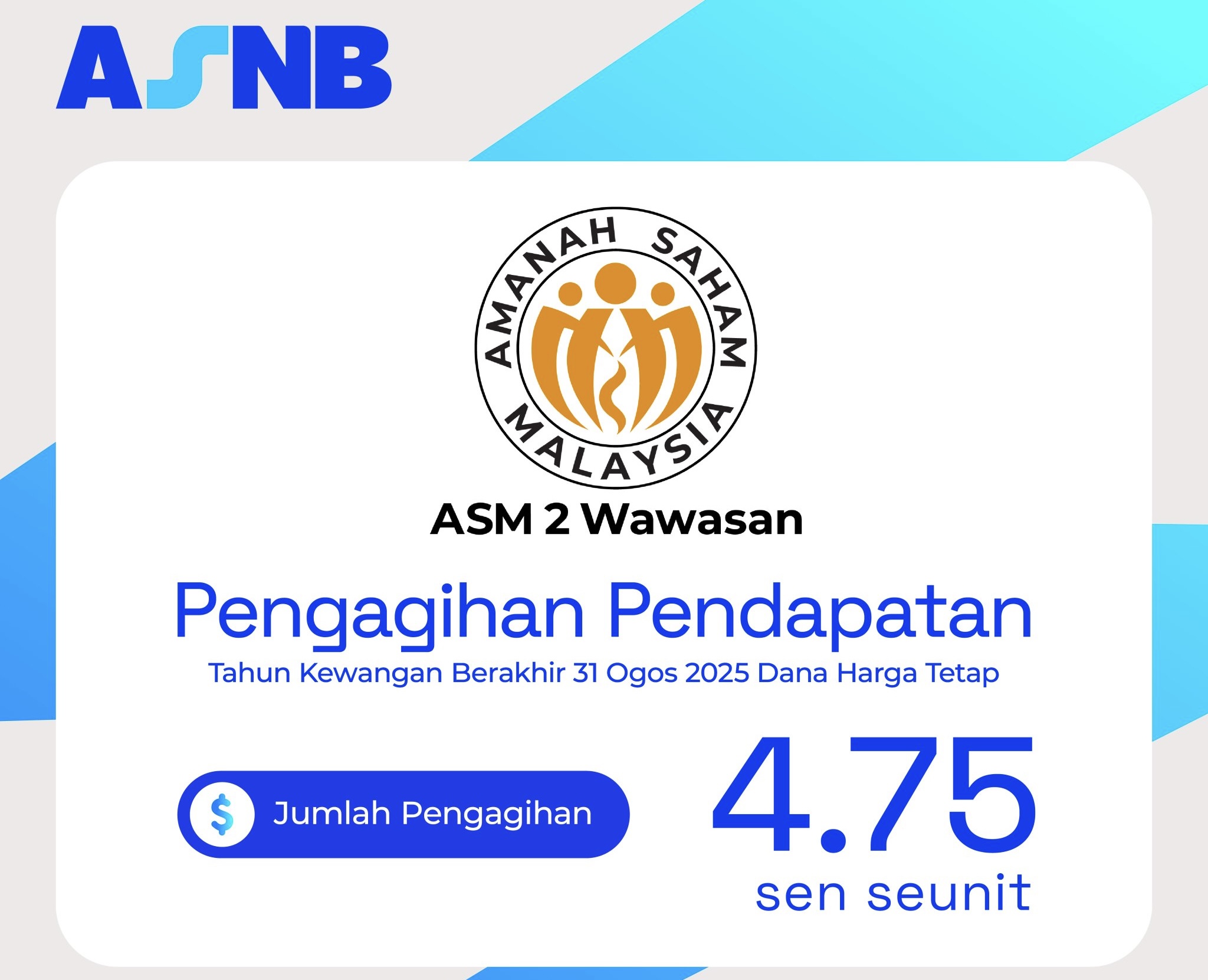 ASNB Isytihar Agih Pendapatan 4.75 Sen Seunit – Bagi ASM 2 Wawasan – Rnggt
